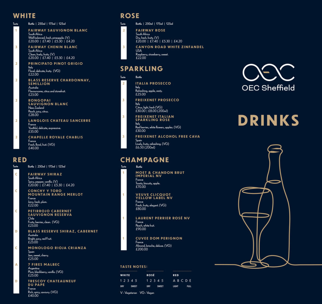 Wine and Drinks Menus | OEC Sheffield
